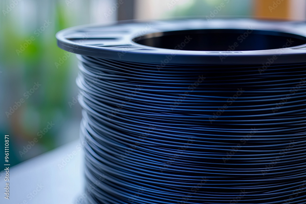 3D printing technology. 3D printing filament background. Black PLA wire ...