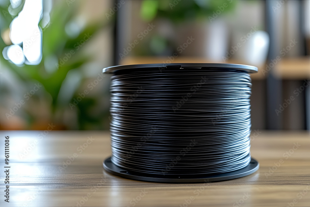 3D printing technology. 3D printing filament background. Black PLA wire ...