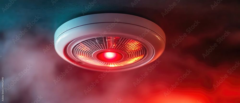 Emergency smoke detector, mounted on the ceiling, illuminated with a ...