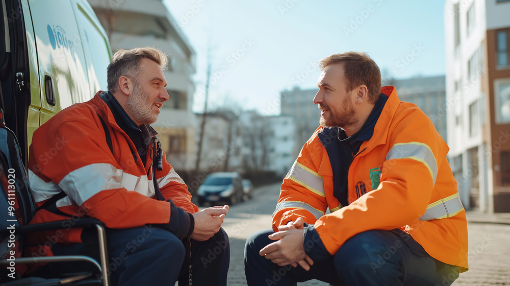 Two emergency paramedics having a break and chatting, representing ...