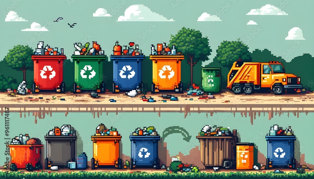 Pixelated depiction of waste management highlighting recycling bins ...