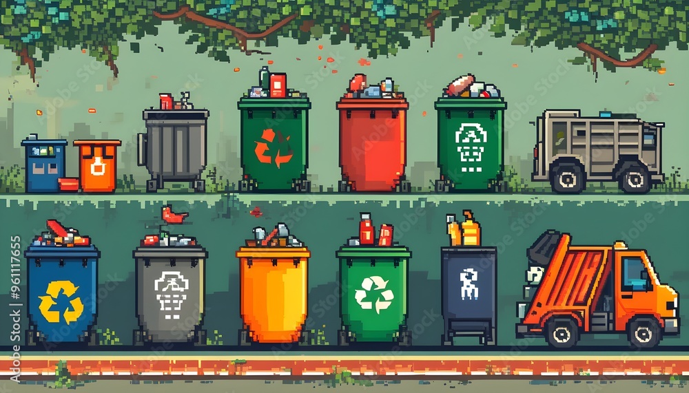 Pixelated depiction of waste management highlighting recycling bins ...