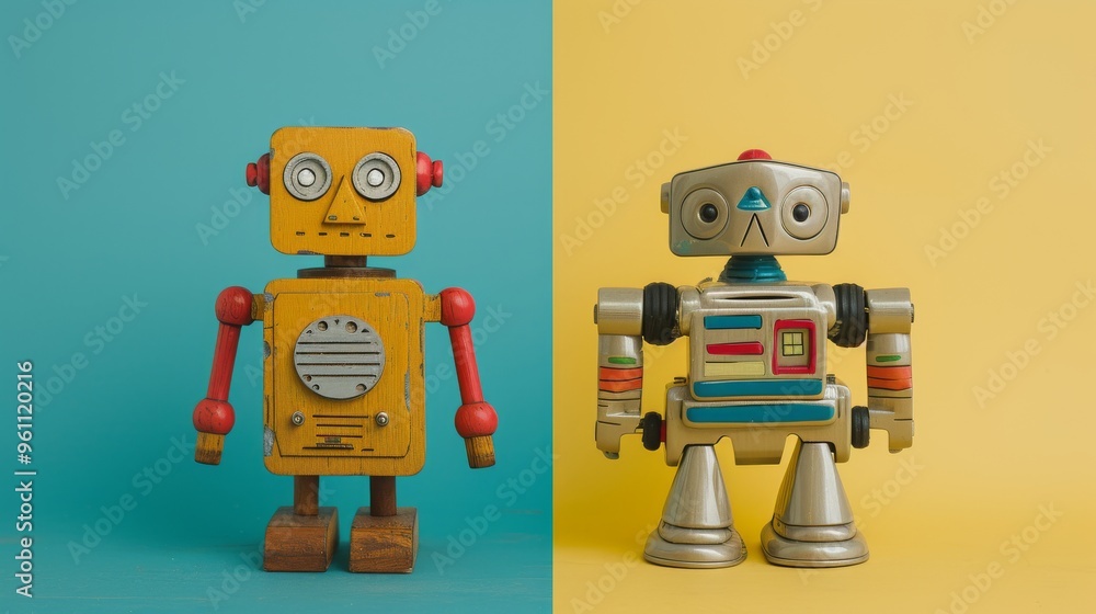 Two robots, one vintage and one modern, are placed side by side against ...