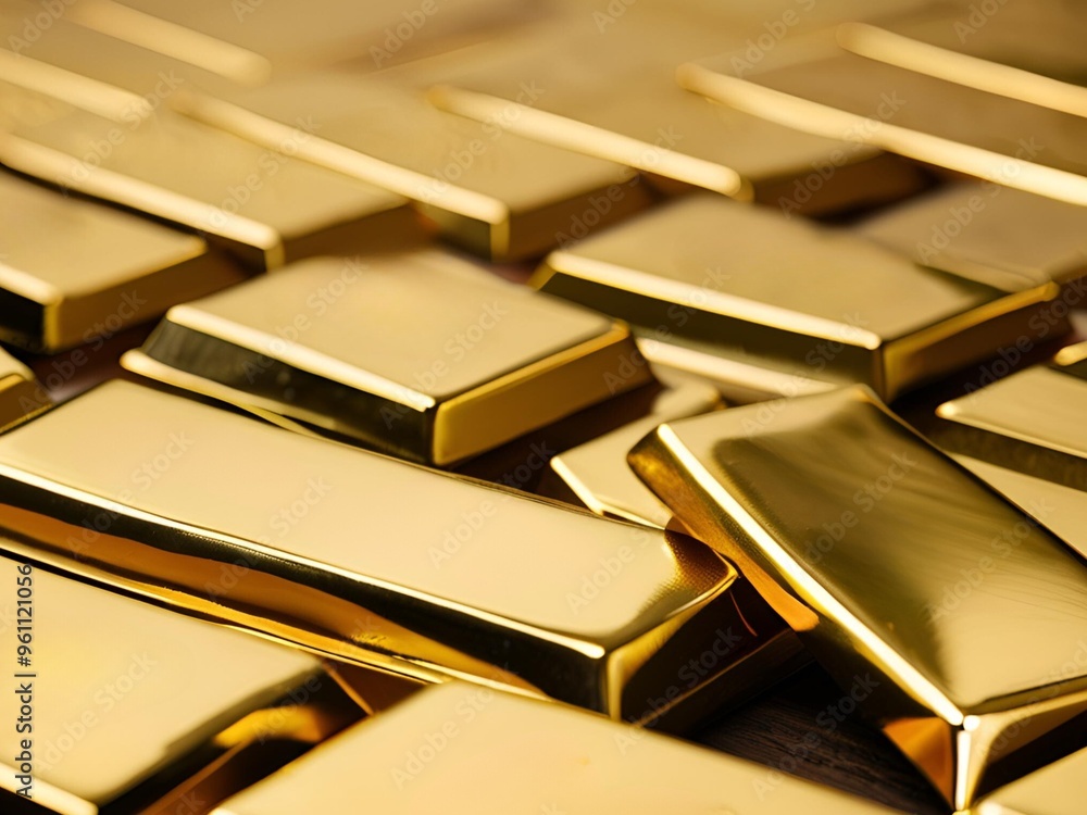 Gold bars of various sizes are stacked together in a group, reflecting light and sparkling on ...
