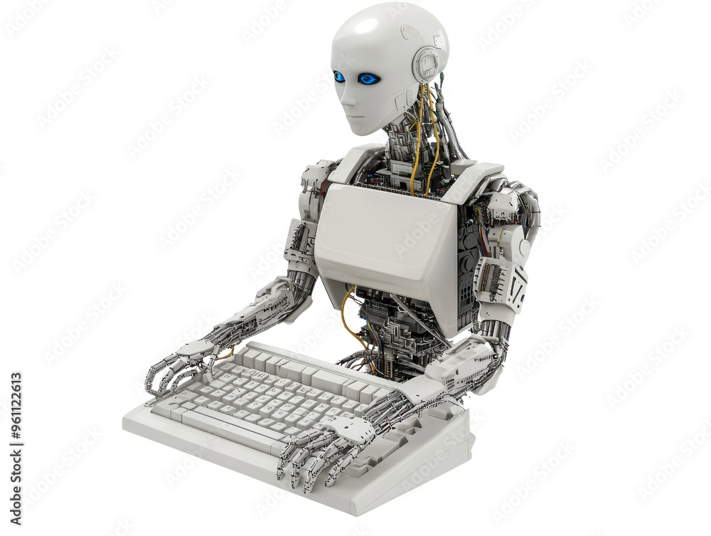 Futuristic humanoid robot typing on keyboard, representing technology ...