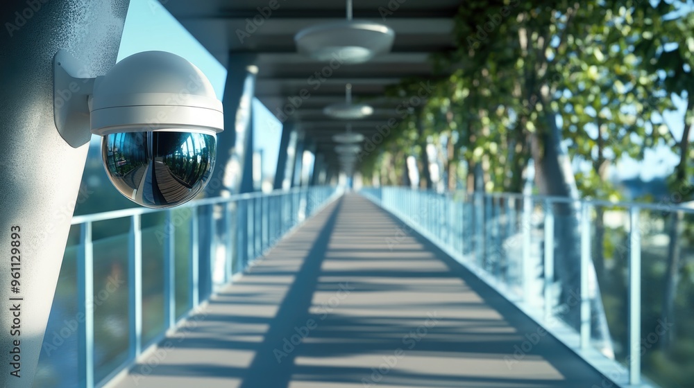 Security camera observing activities along a pedestrian pathway on a ...
