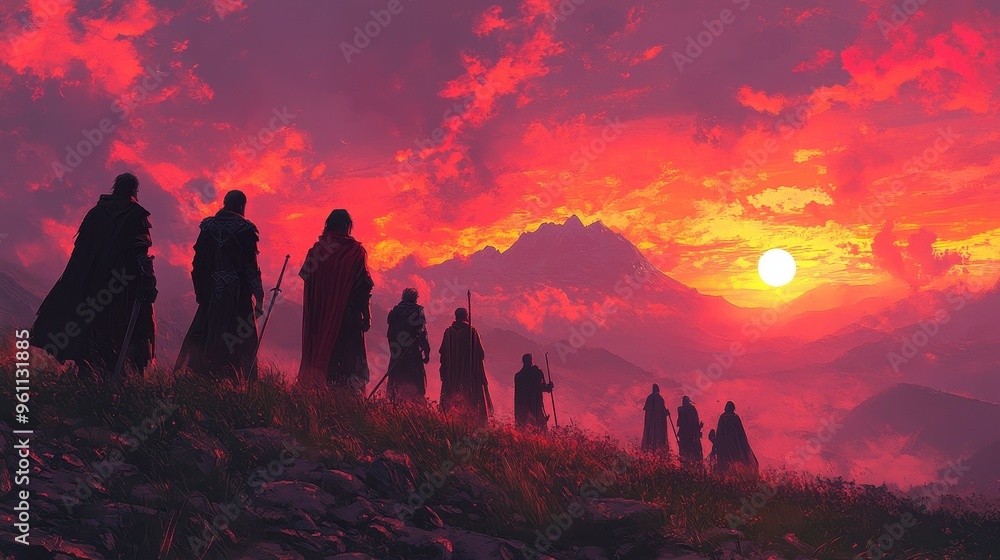 Heroes from different eras standing together at twilight, crafting a ...