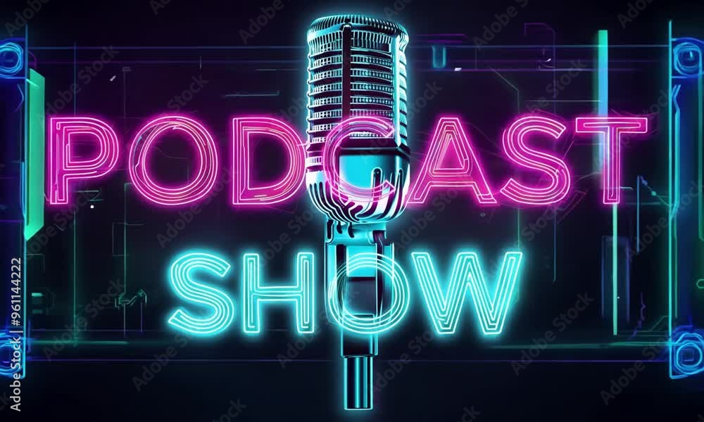 The neon blue 'PODCAST SHOW' text glows brightly, animated on a jet ...