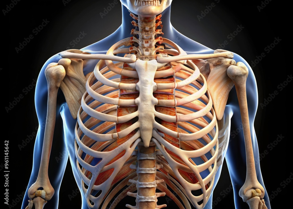 A detailed, 3D illustration of the human ribcage anatomy, showcasing ...