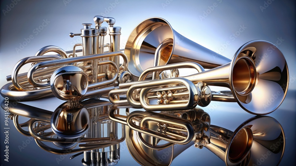 An Array Of Metallic Musical Horns Of Varying Sizes And Shapes, Lying ...