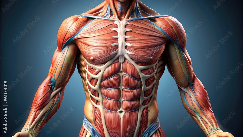 Anatomical Illustration Of A Male Torso Displaying The Muscles, Organs ...