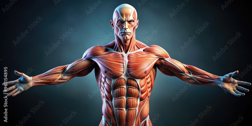 Anatomic Illustration Of A Muscular Male Figure, Showcasing Intricate ...