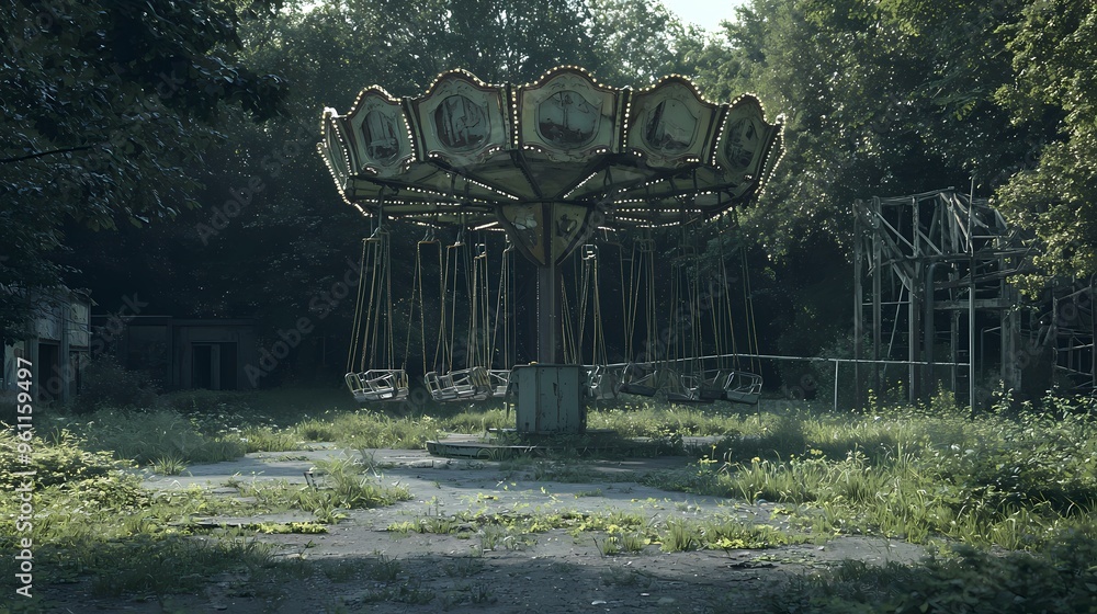 Abandoned carousel in a forgotten amusement park, surrounded by ...