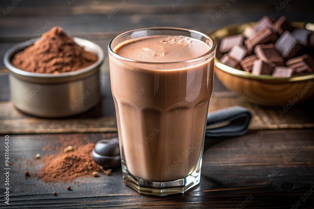 A close up shot of a chocolate flavored whey protein shake with a ...
