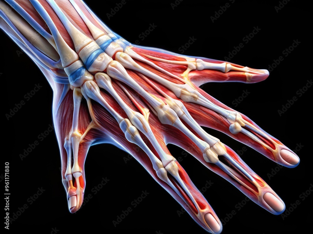 Close-up of human hand showing prominent knuckles, tendons, and veins, highlighting the ...