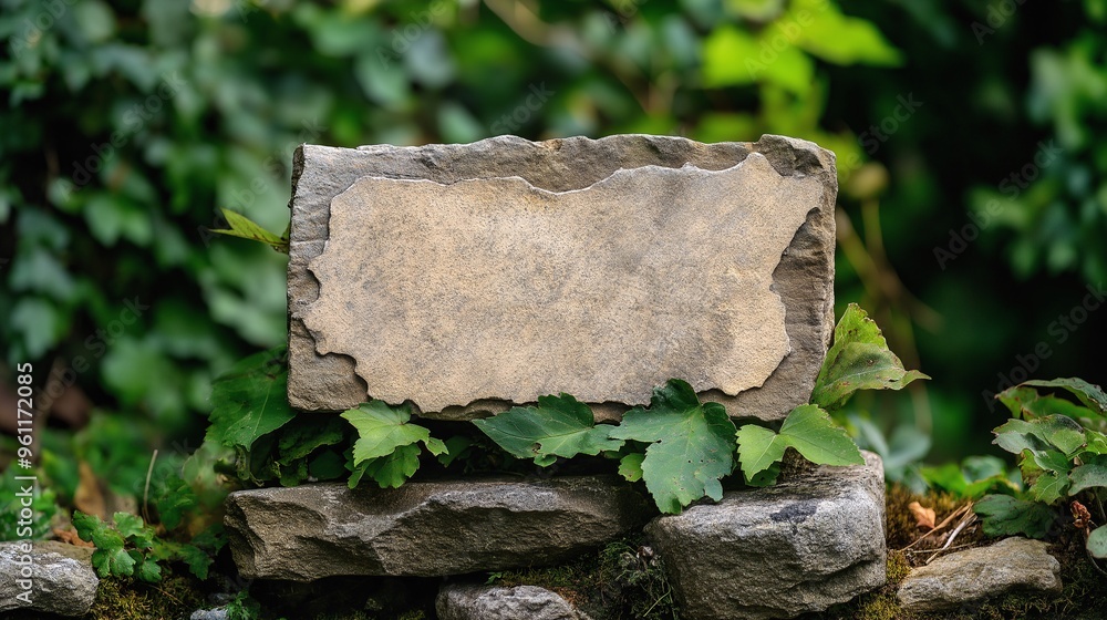 Blank Stone Sign in Nature: A rustic flat stone with a blank surface ...