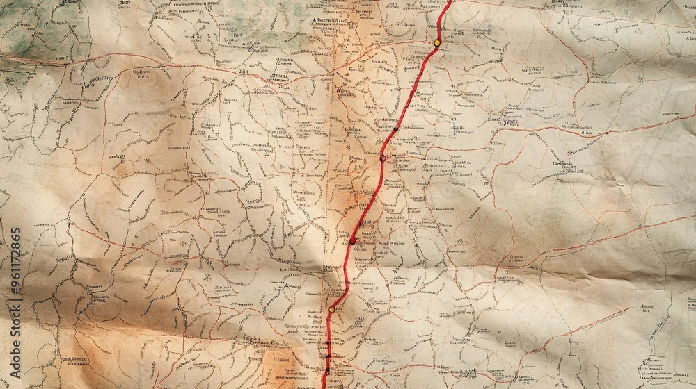 Route from Point A to Point B marked on a paper map, illustrating a ...