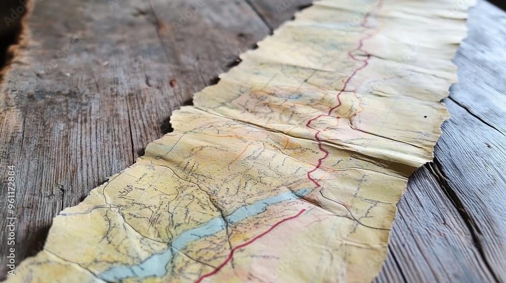 Route from Point A to Point B marked on a paper map, illustrating a ...