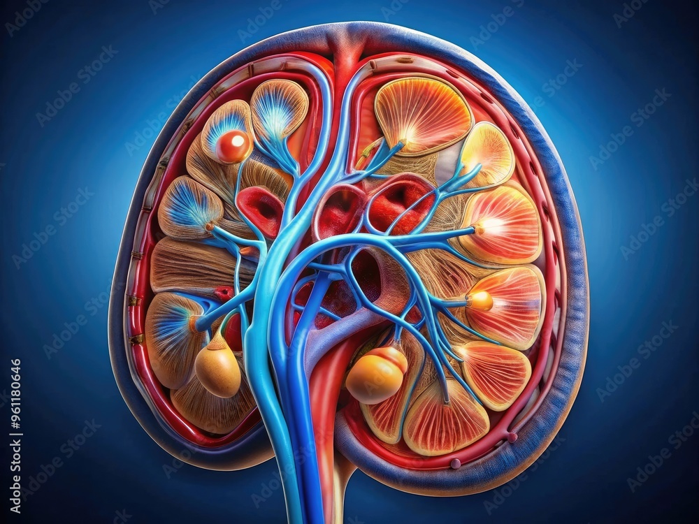 ภาพประกอบสต็อก Detailed 3D illustration of a human kidney's internal ...