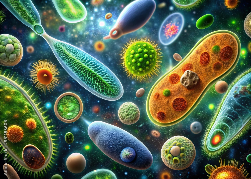 Microscopic world reveals numerous single cell organisms such as Paramecium, Amoeba, and Euglena ...