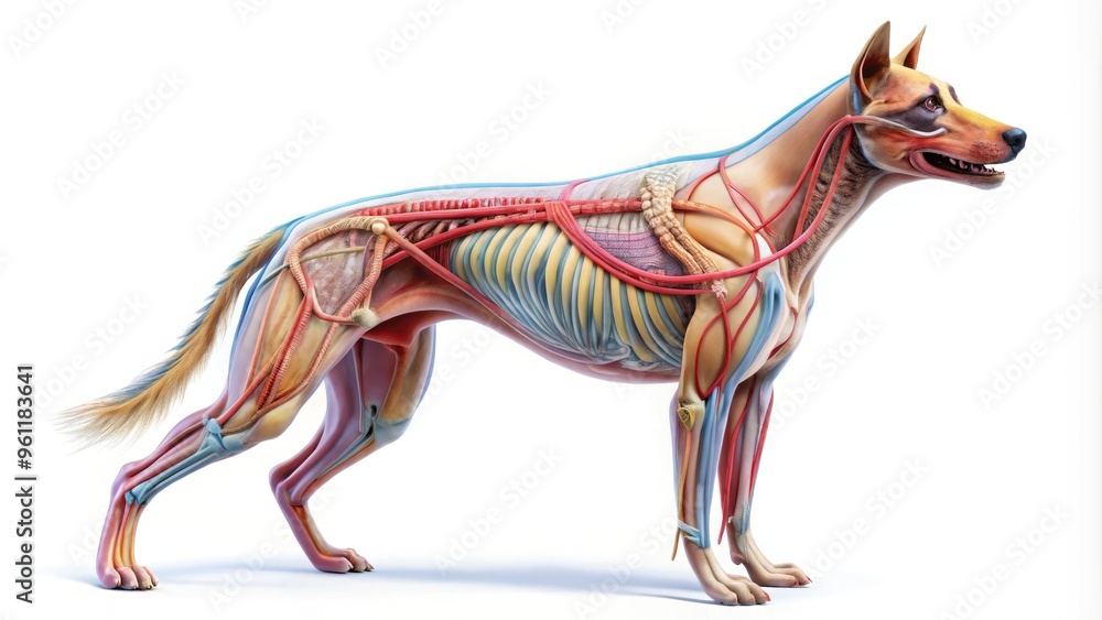 Detailed illustration of a male dog's internal anatomy, showcasing ...
