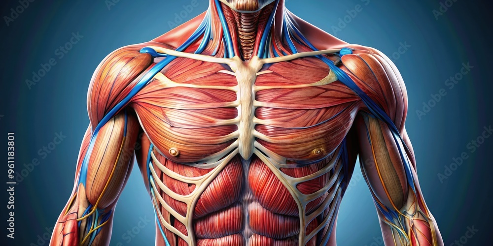 Detailed illustration of a male torso showing internal organs and ...