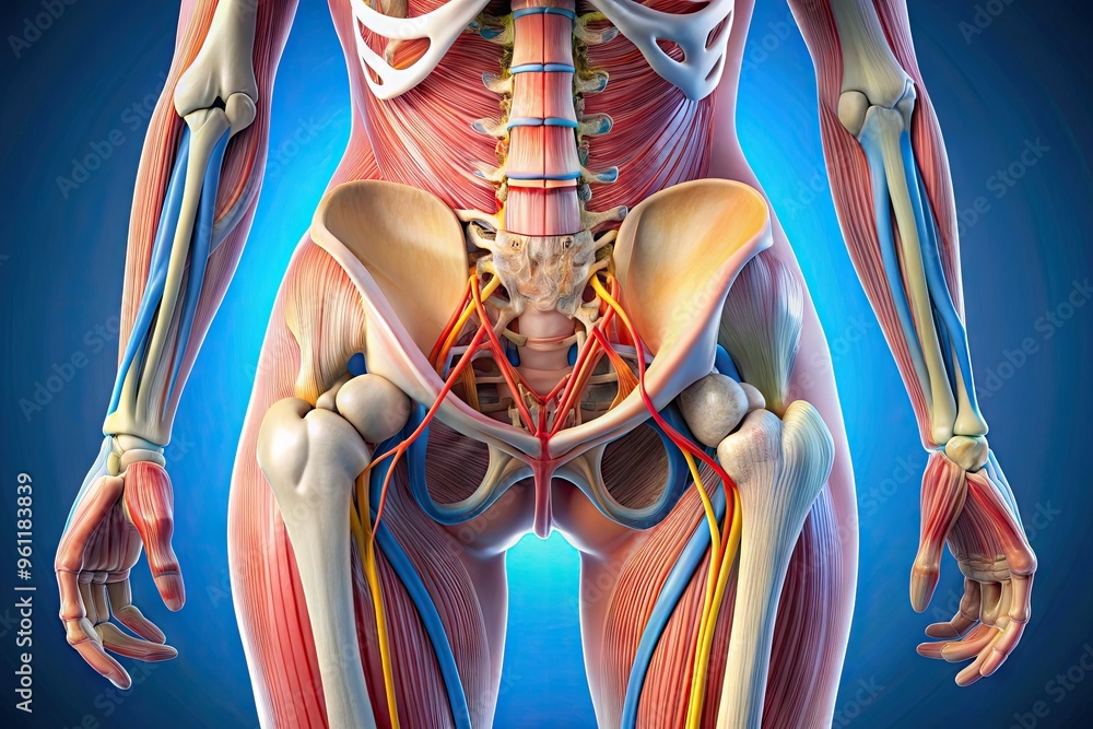 Detailed illustration of female hip anatomy, showcasing pelvic bone ...
