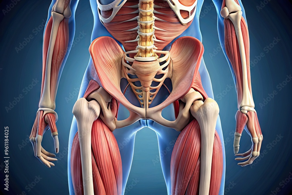 Detailed illustration of human hip anatomy showcasing skeletal ...