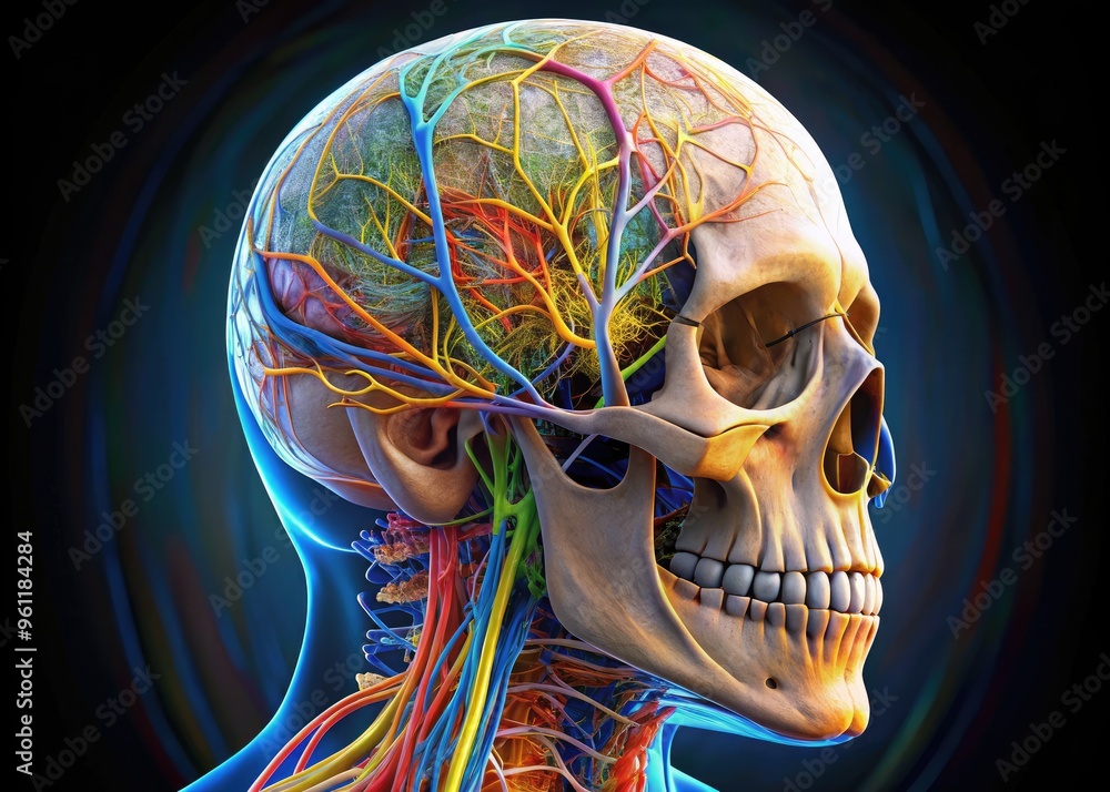Detailed illustration of human skull showing cranial nerves, brainstem ...