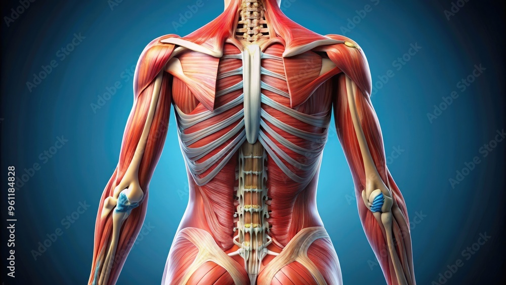 Detailed illustration of the female posterior torso, showcasing the ...