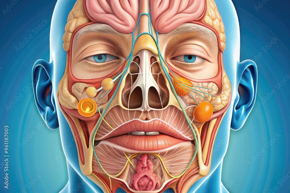 Detailed illustration of the human nose's internal structure ...
