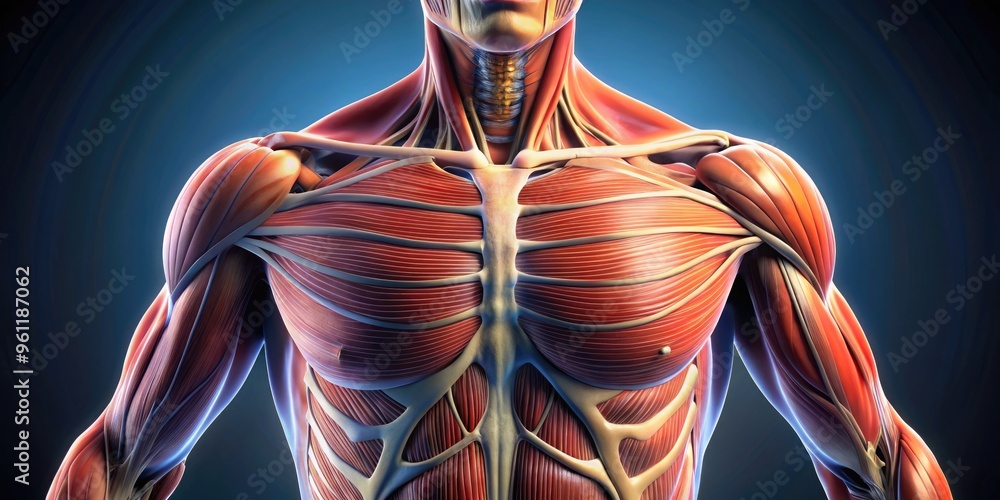 Detailed illustration of the human pectoral muscle anatomy, showcasing ...