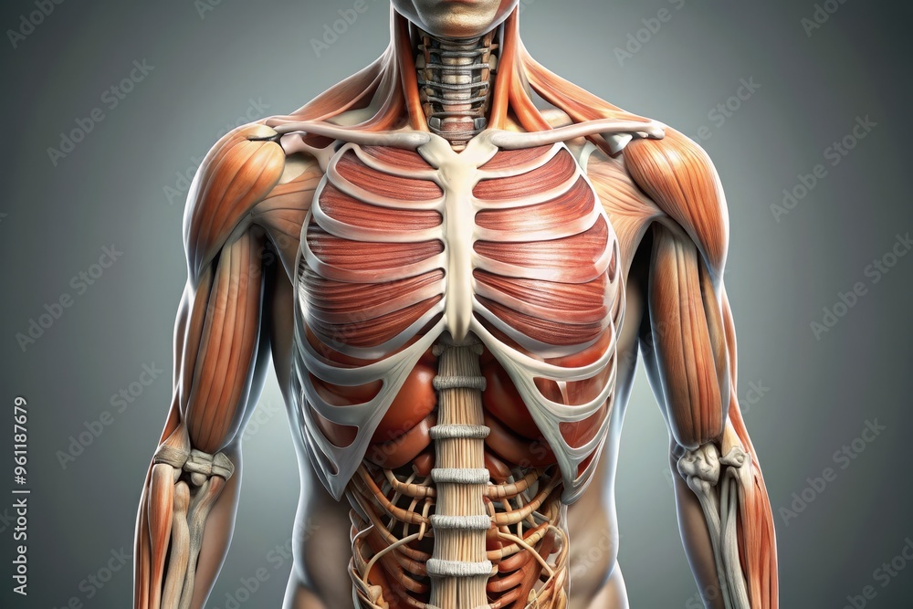 Detailed illustration of the human torso, highlighting the rib cage and ...