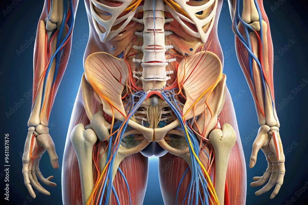 Detailed illustration of the iliac region anatomy, showcasing the iliac ...