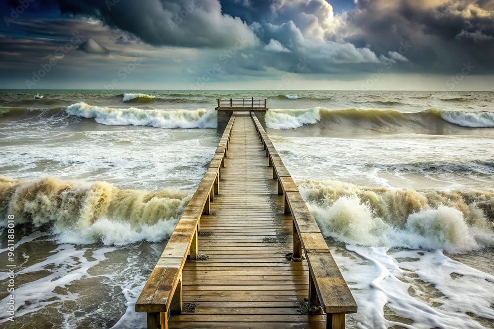 Wooden pier extending into rough sea during a storm, pier, dramatic ...