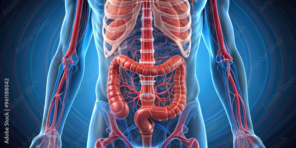 Detailed illustration of the male colon anatomy, showcasing the ...