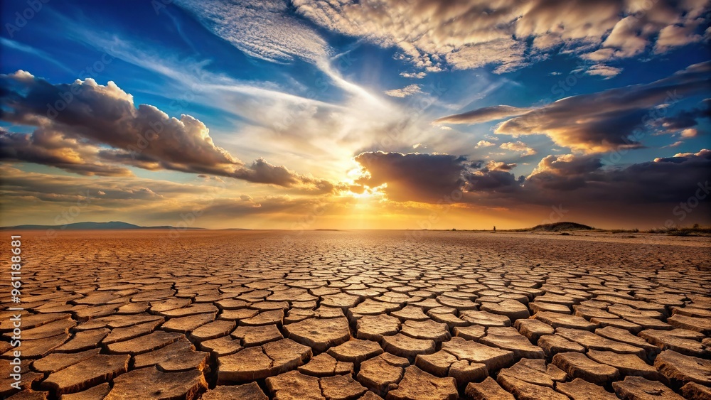 Cracked dry earth panorama with reflections of the sky, desert, surface ...