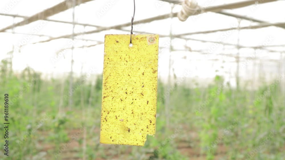 Yellow sticky card trap installed by farmer to control insects and pest ...