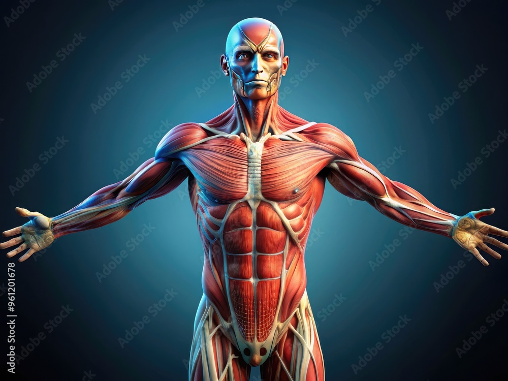 Highly detailed illustration of the human muscular system, showcasing ...