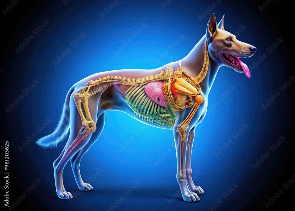 Illuminated 3D illustration of a dog's internal organs, showcasing the ...