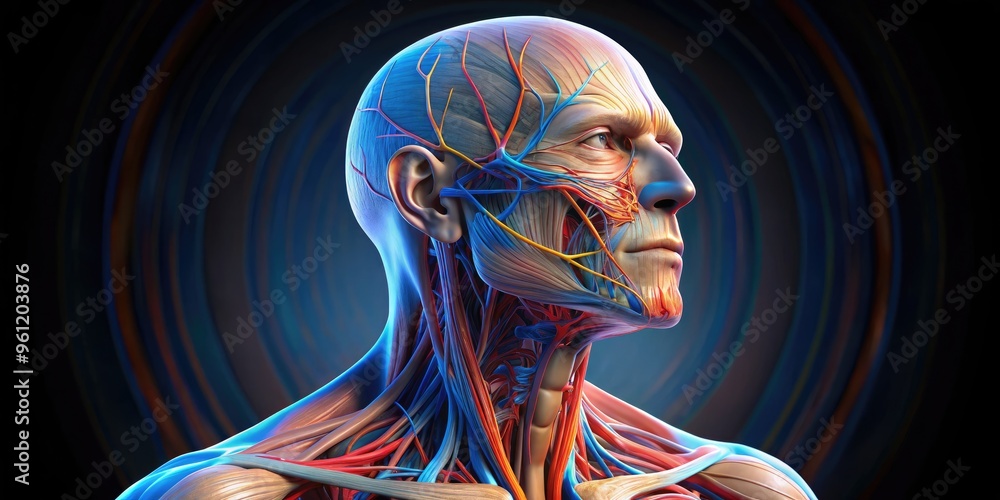 Poster Illuminated 3D illustration of human head and neck anatomy ...