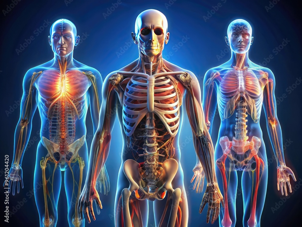 Illuminated 3D illustration of the human body showcasing sagittal ...