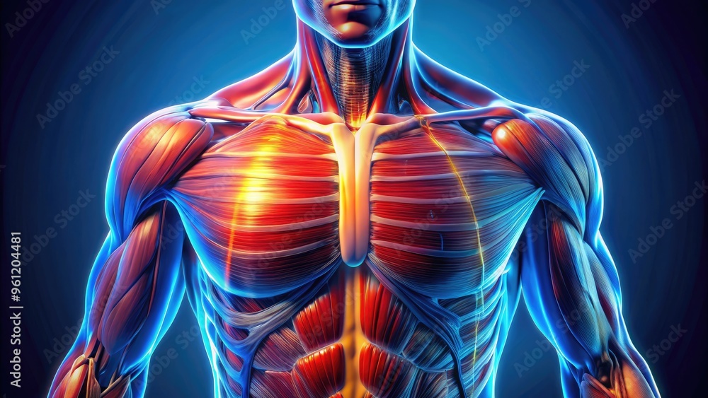 Illuminated 3D illustration of the human chest muscle anatomy ...