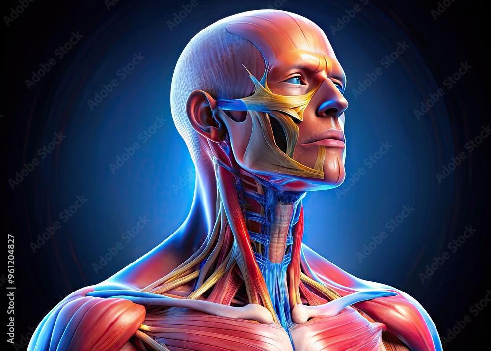Illuminated 3D illustration of the human neck's intricate muscular ...