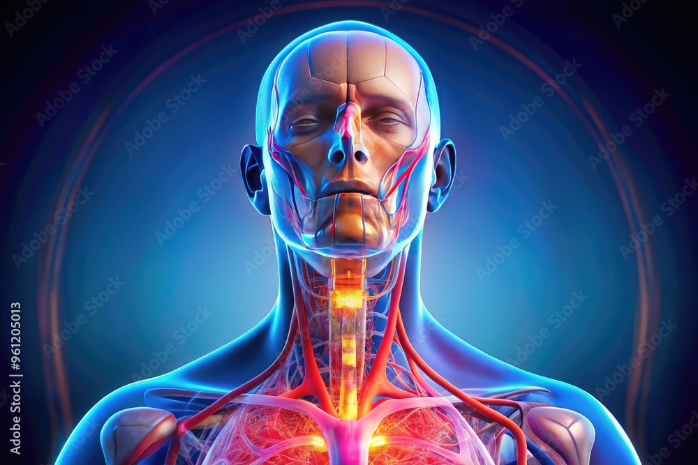 Illuminated 3D illustration of the human throat's internal structures ...