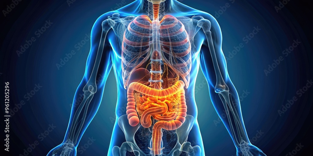 Illuminated 3D illustration of the male human intestinal tract ...