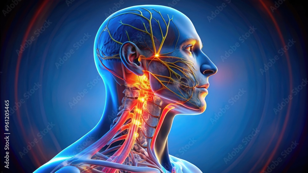 Stock-illustrationen Illuminated 3D model of the human neck showcasing ...