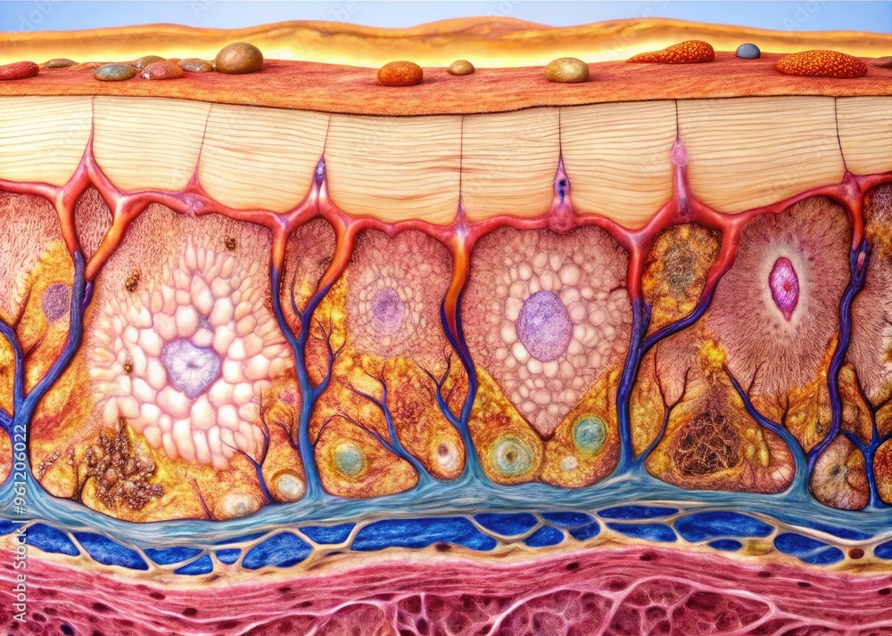 Illuminated cross-section of human skin showcasing epidermis, dermis ...