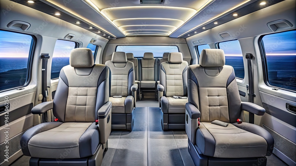 Illuminated interior of a modern minivan with three rows of clean, gray ...