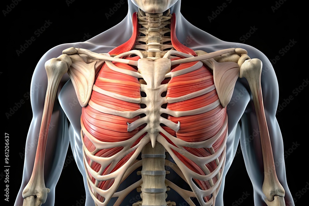 Illustrated 3D model of the serratus anterior muscle, highlighting its ...